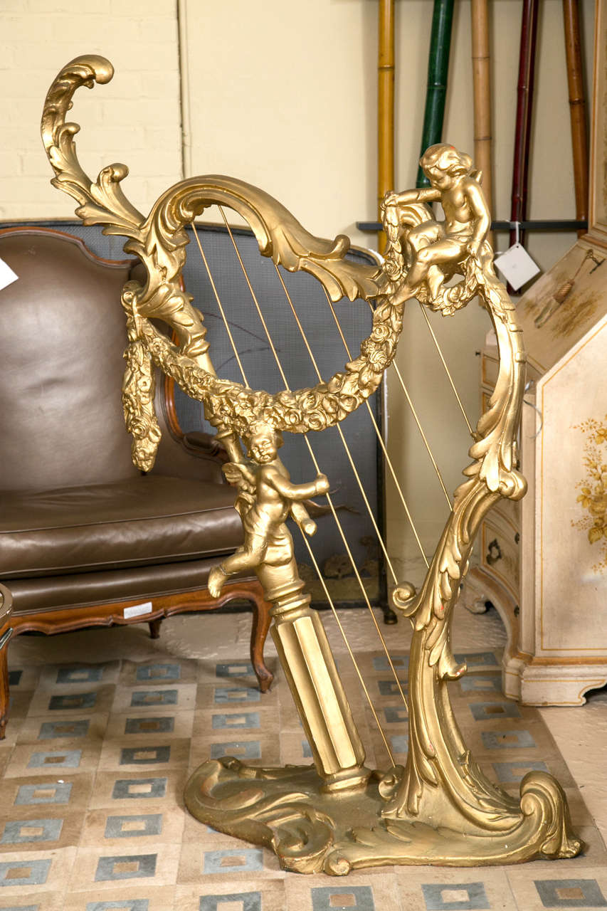 Standing Harp Sculpture Depicting Carved Angels or Putti Playing The ...