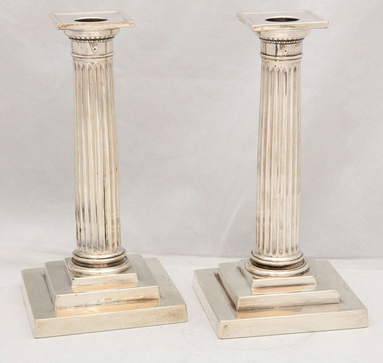 Edwardian Pair of Sterling Silver Column Form Candlesticks at 1stDibs