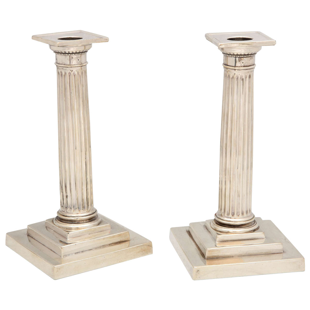 Edwardian Pair of Sterling Silver Column Form Candlesticks at 1stDibs