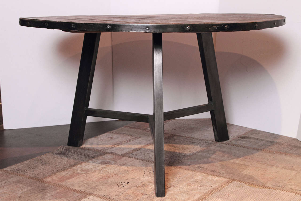 Round Banded Metal Elm Breakfast Table at 1stDibs