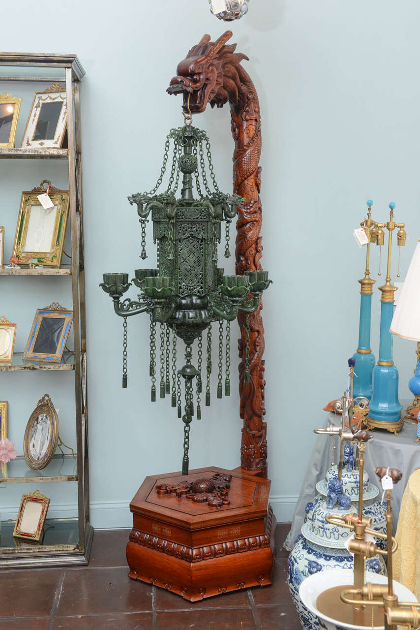 Sensational Pair of Jasper Jade Lanterns with Carved Wood Dragon Stands ...