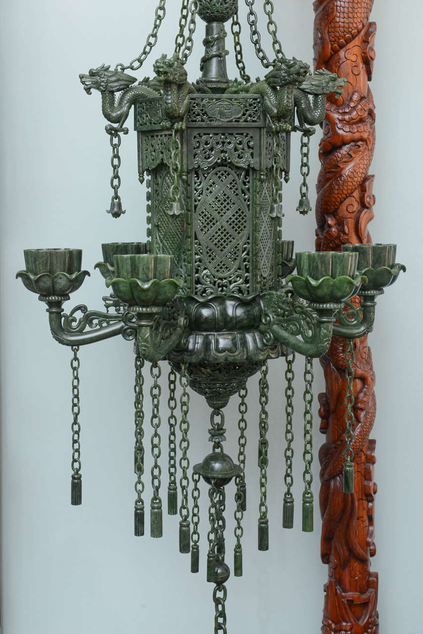 Sensational Pair of Jasper Jade Lanterns with Carved Wood Dragon Stands ...