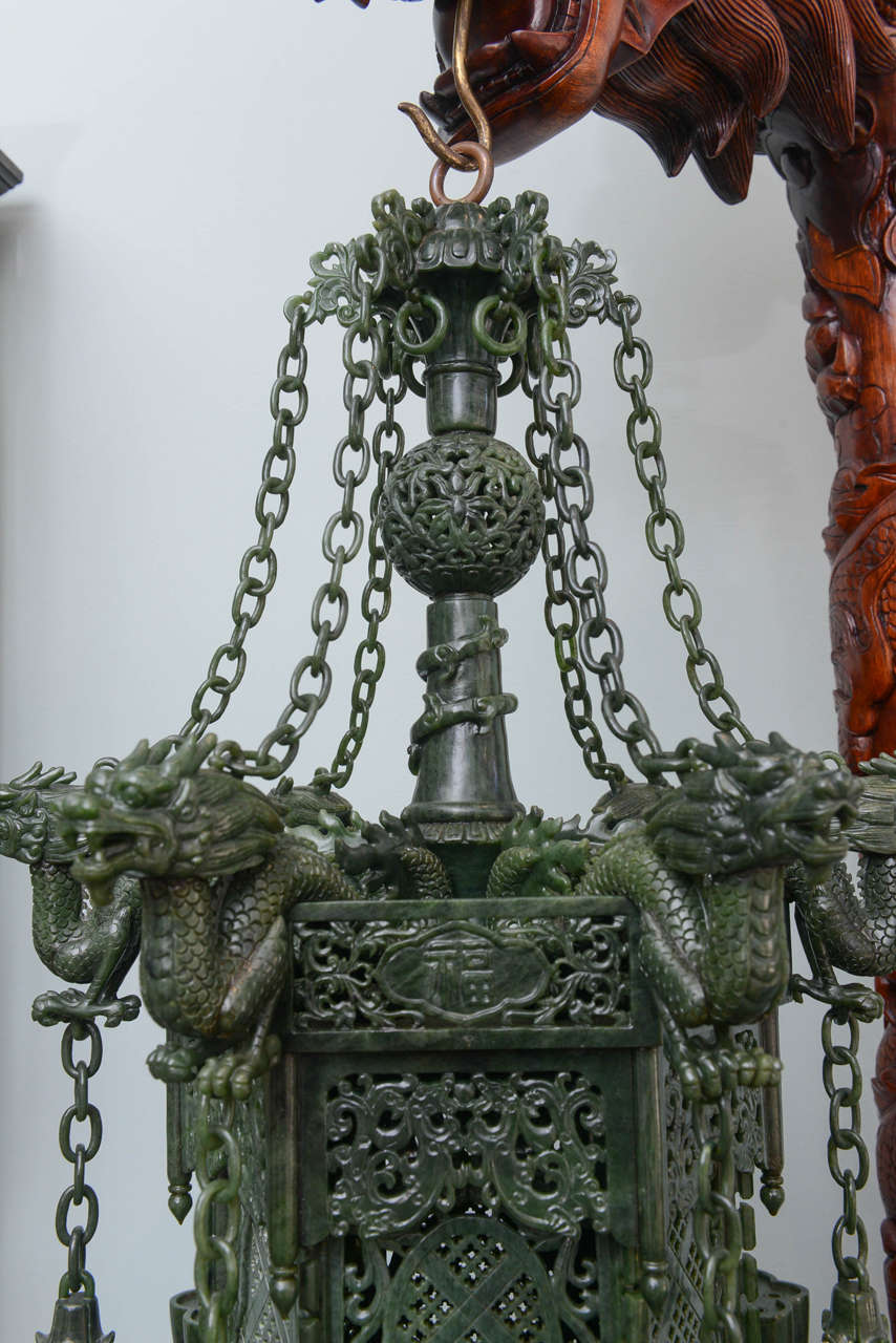 Sensational Pair of Jasper Jade Lanterns with Carved Wood Dragon Stands ...