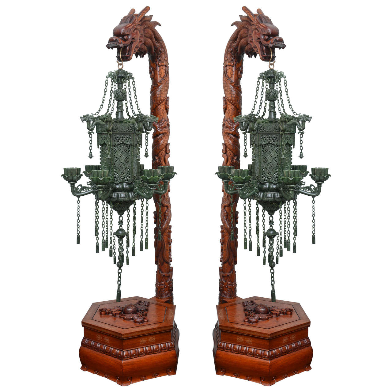 Sensational Pair of Jasper Jade Lanterns with Carved Wood Dragon Stands ...