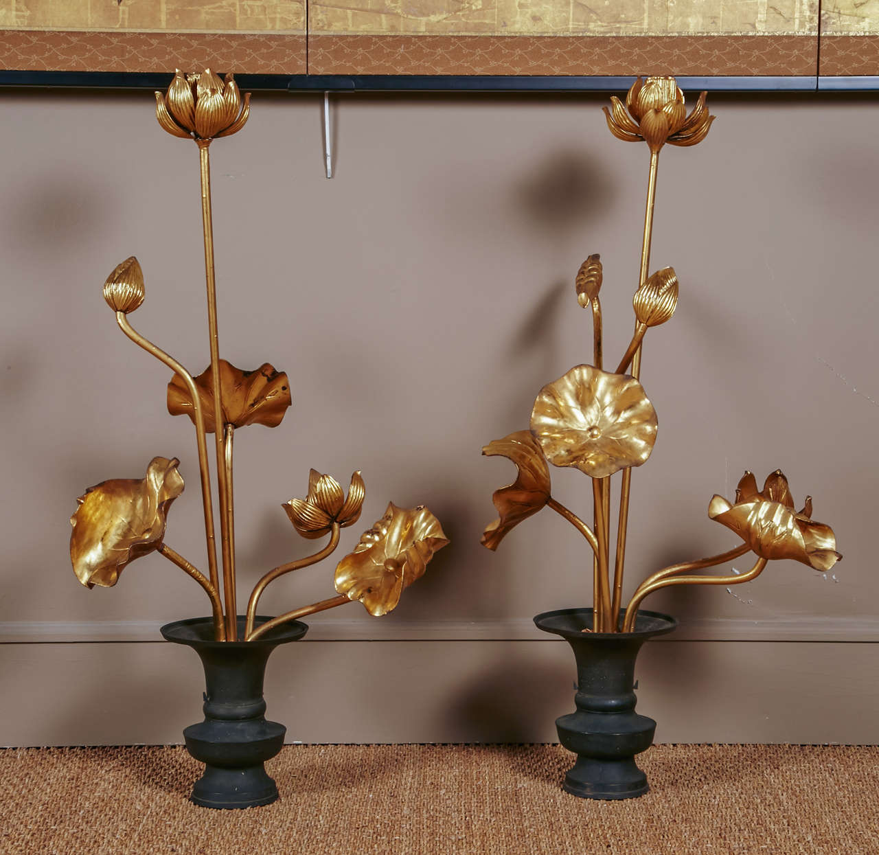 19th Century Pair of Temple Lotus Flowers in Golden Lacquer Wood with ...