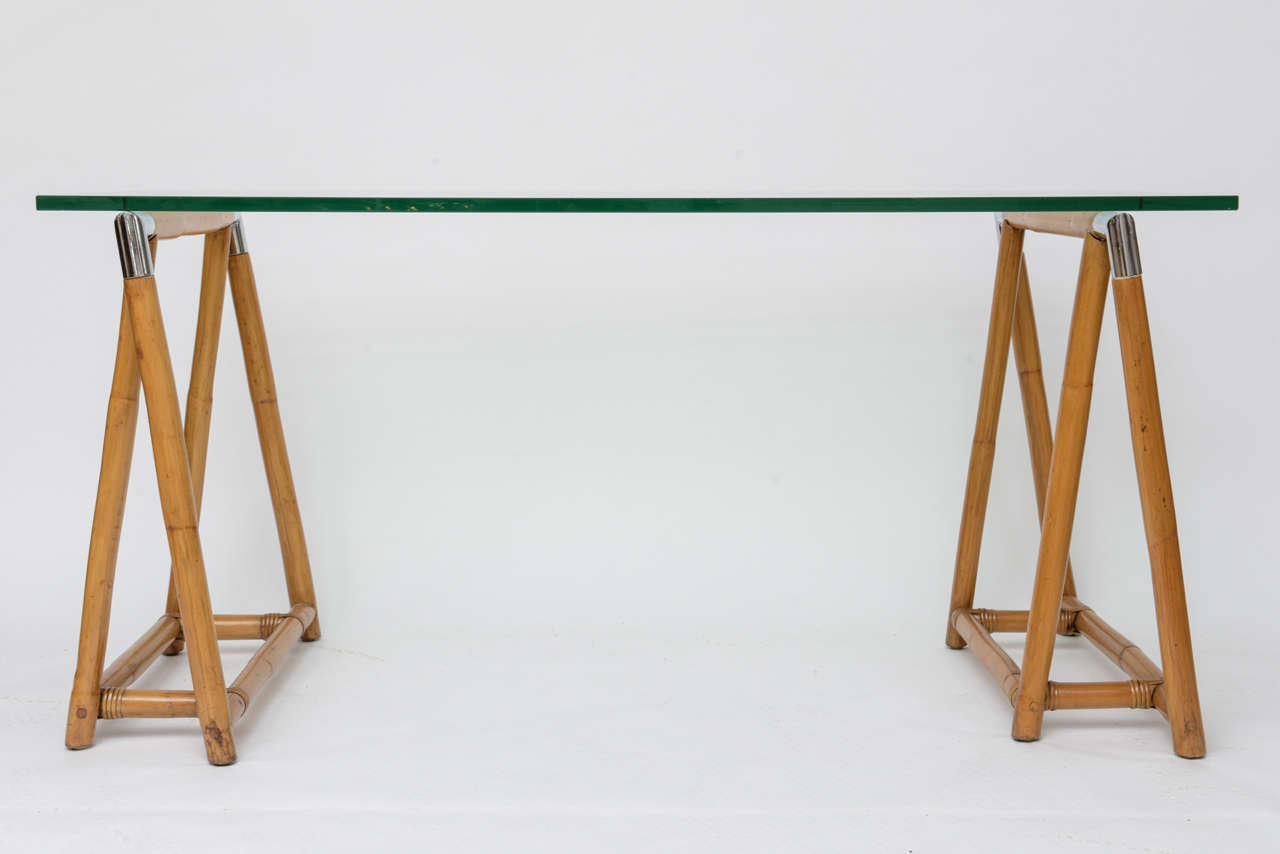 Bamboo Trestle Table with Glass Top and Chrome Detail at 1stDibs ...