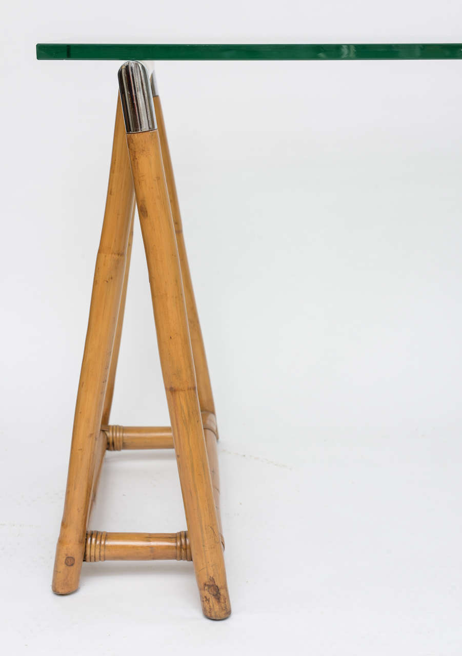 Bamboo Trestle Table with Glass Top and Chrome Detail at 1stDibs ...