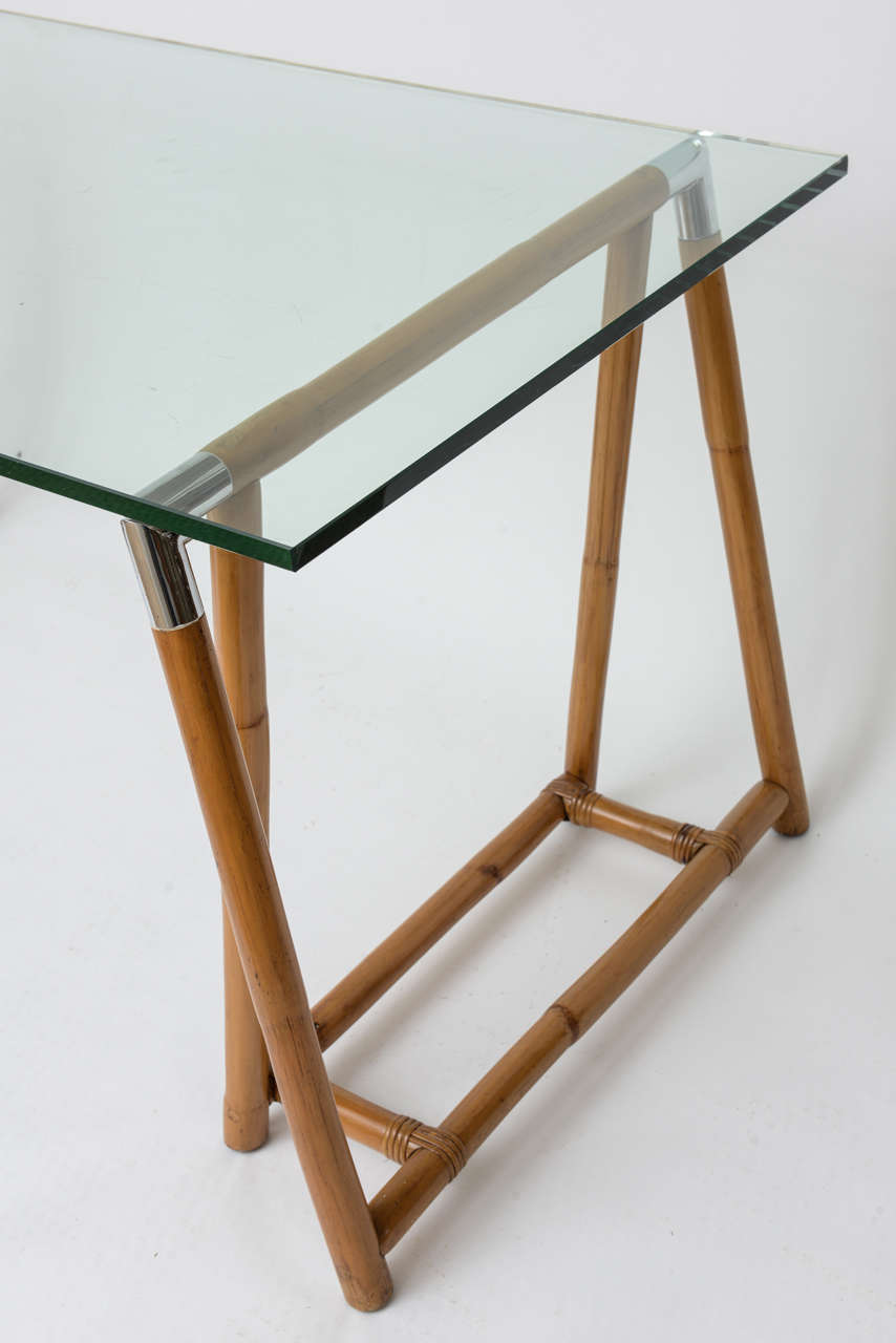 Bamboo Trestle Table with Glass Top and Chrome Detail at 1stDibs ...