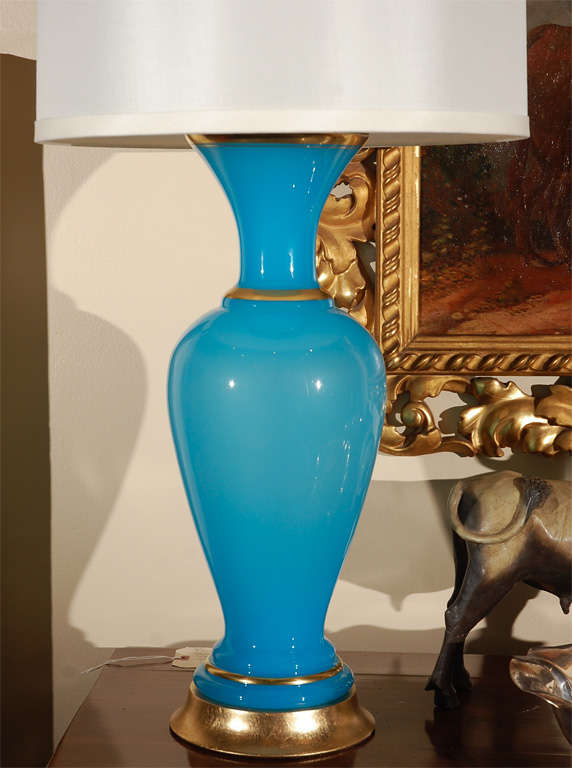 Striking Pair of Large, Blue Opaline Lamps For Sale at 1stDibs