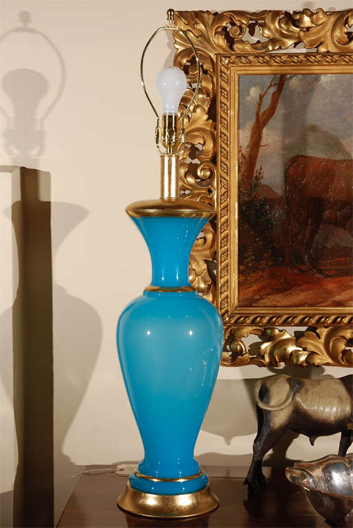 Striking Pair of Large, Blue Opaline Lamps For Sale at 1stDibs