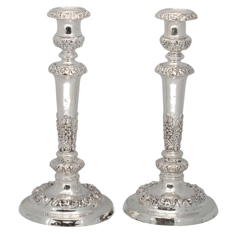 Tall Pair of Edwardian Sterling Silver Adam Style Candlesticks at 1stDibs