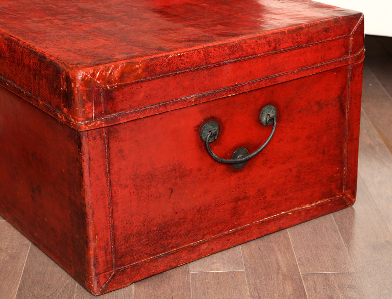 Chinese Red Leather Trunk With Brass Hardware, c. 1920 For Sale at 1stDibs