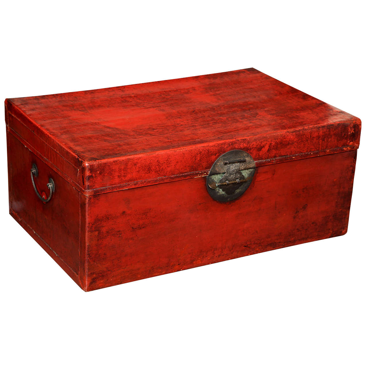 Chinese Red Leather Trunk With Brass Hardware, c. 1920 For Sale at 1stDibs