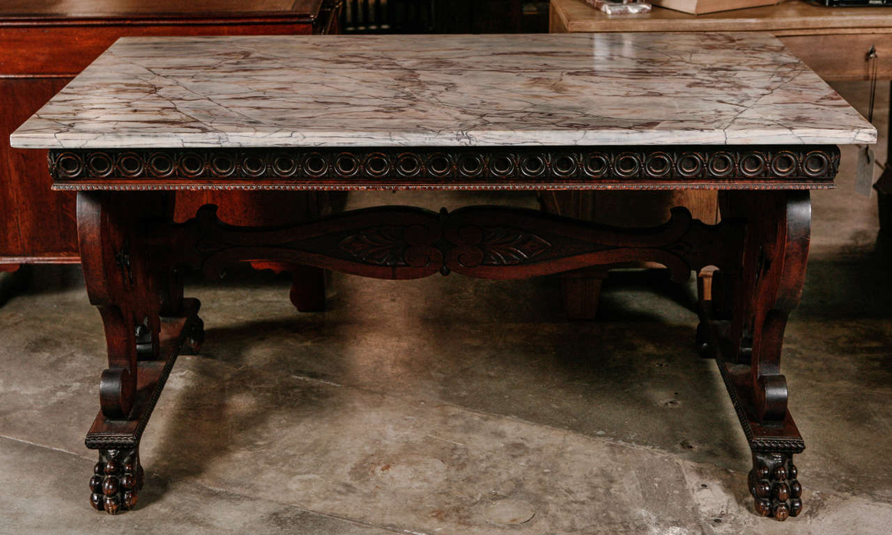 Antique Carved Library Table / Desk with Marble Top at 1stDibs ...
