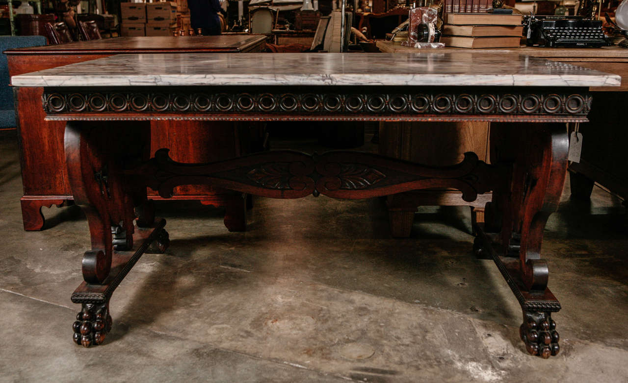 Antique Carved Library Table / Desk with Marble Top at 1stDibs ...