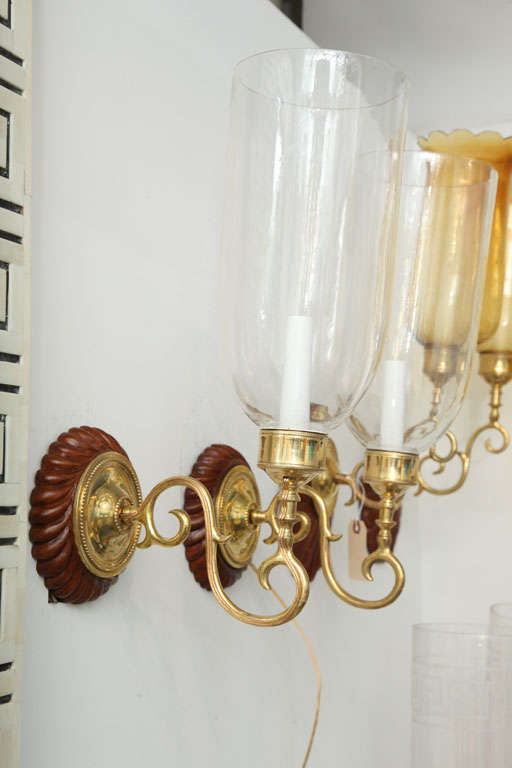 Pair of Carved Wood Backplates with Brass Sconces For Sale at 1stDibs