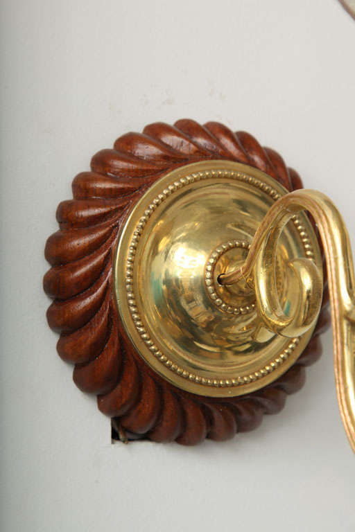 Pair of Carved Wood Backplates with Brass Sconces For Sale at 1stDibs