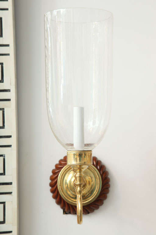 Pair of Carved Wood Backplates with Brass Sconces For Sale at 1stDibs