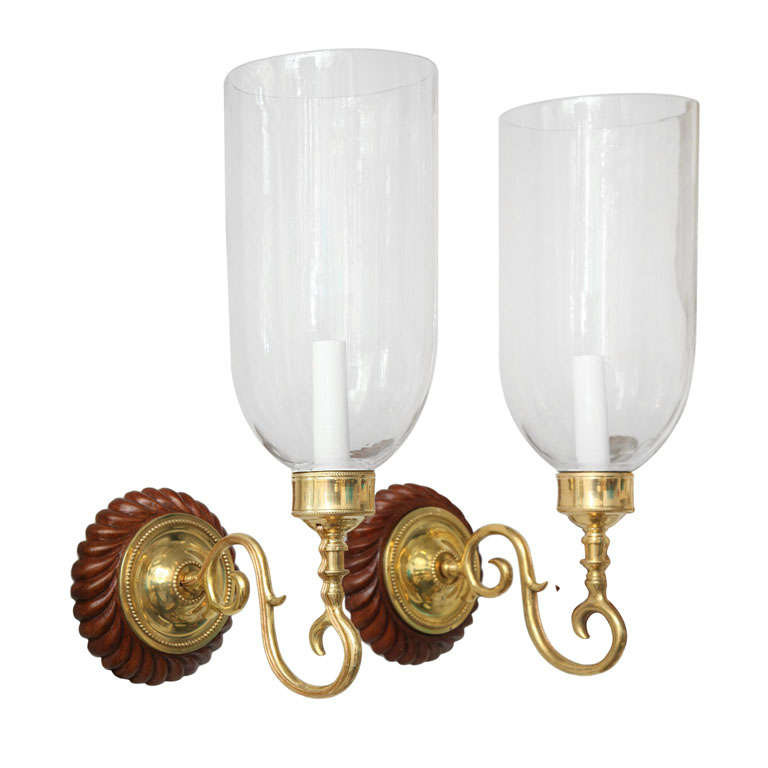 Pair of Carved Wood Backplates with Brass Sconces For Sale at 1stDibs