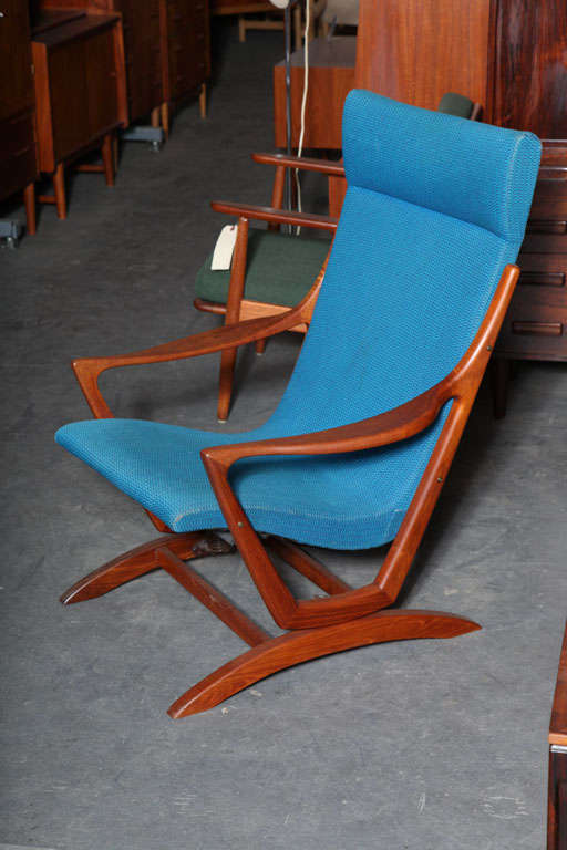 Danish Modern Teak and Blue Rocking Chair at 1stDibs