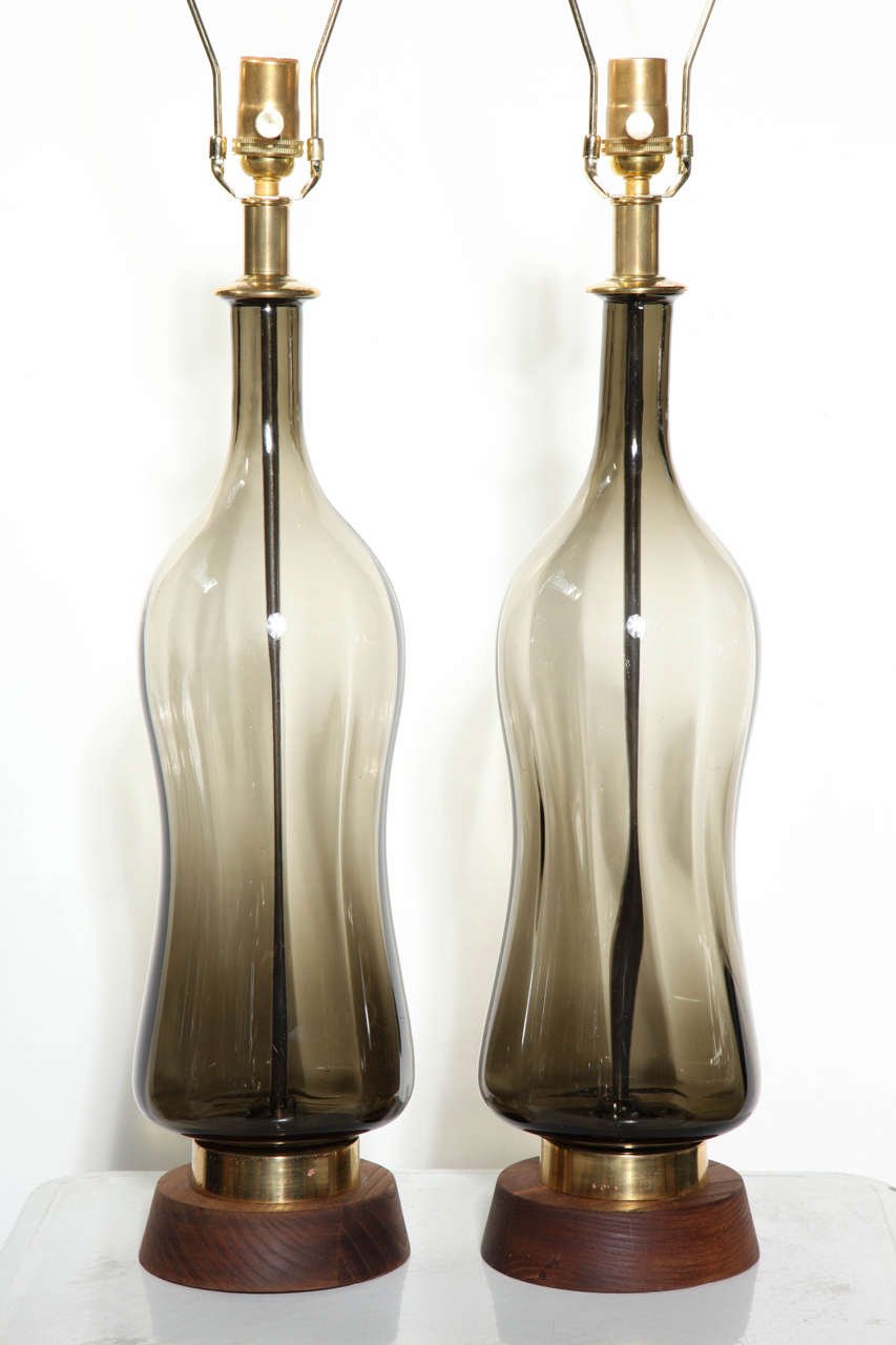 Monumental Pair Blenko Style Smoky Olive "Hourglass" Glass Table Lamps ...