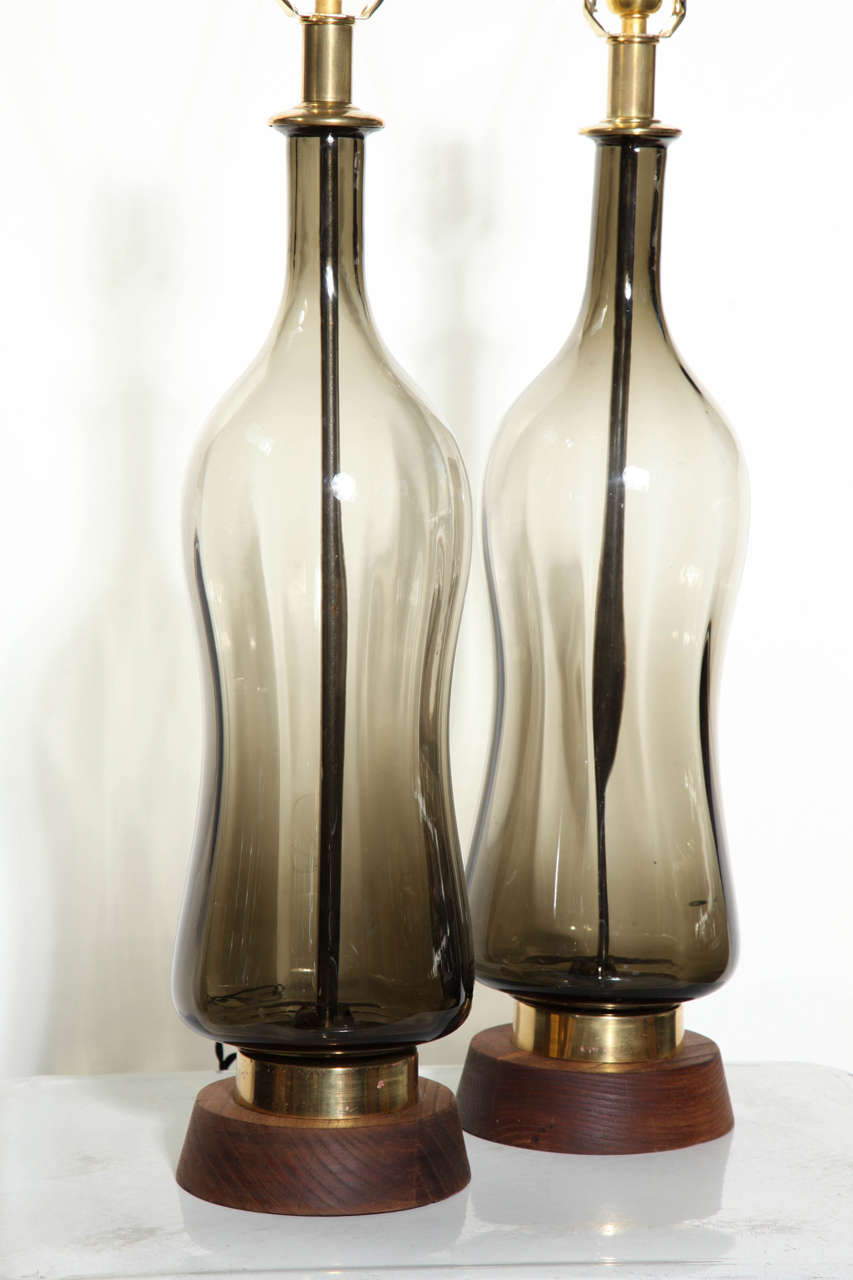 Monumental Pair of Blenko Style Olive "Hourglass" Glass Table Lamps ...