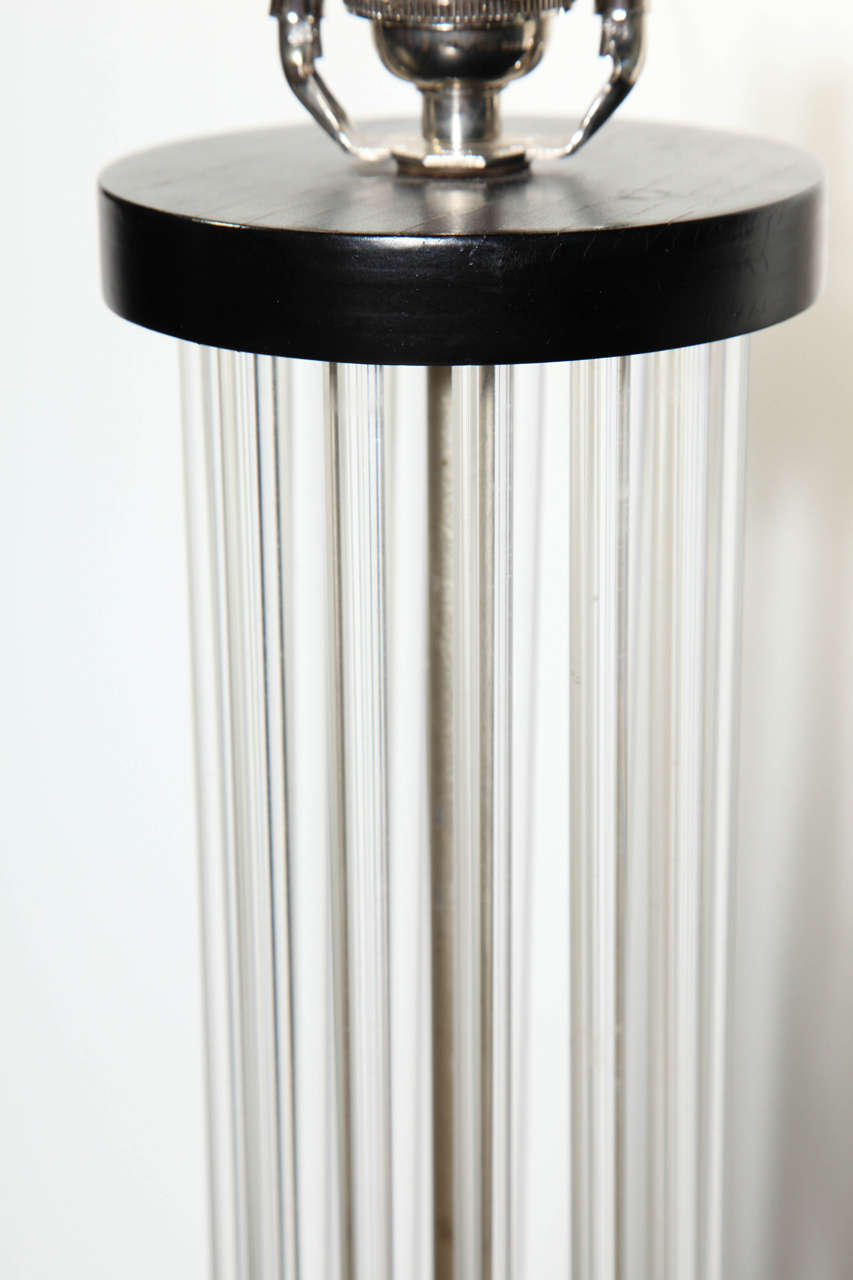 Pair of Clear Lucite Rod, Walnut and Black Enamel Column Table Lamps ...