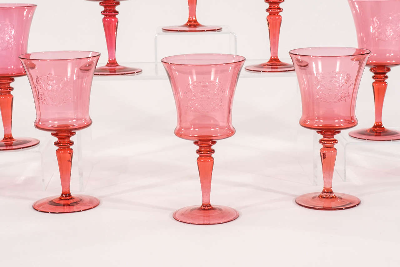Ten Steuben "Gold Ruby" Handblown Crystal Goblets with Engraved ...