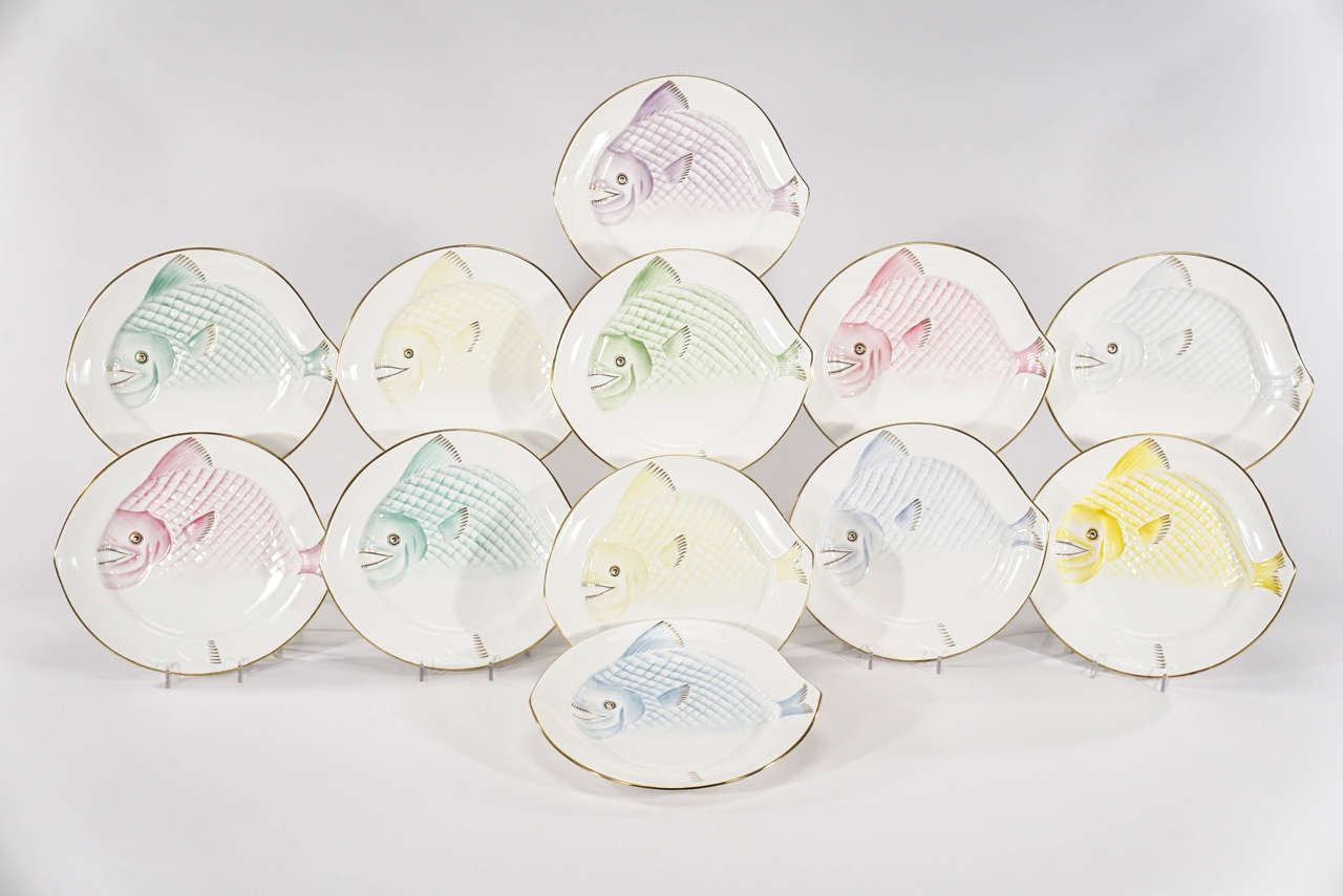 12 Royal Worcester Fish Plates Harlequin Pastels with Gold Trim Art ...