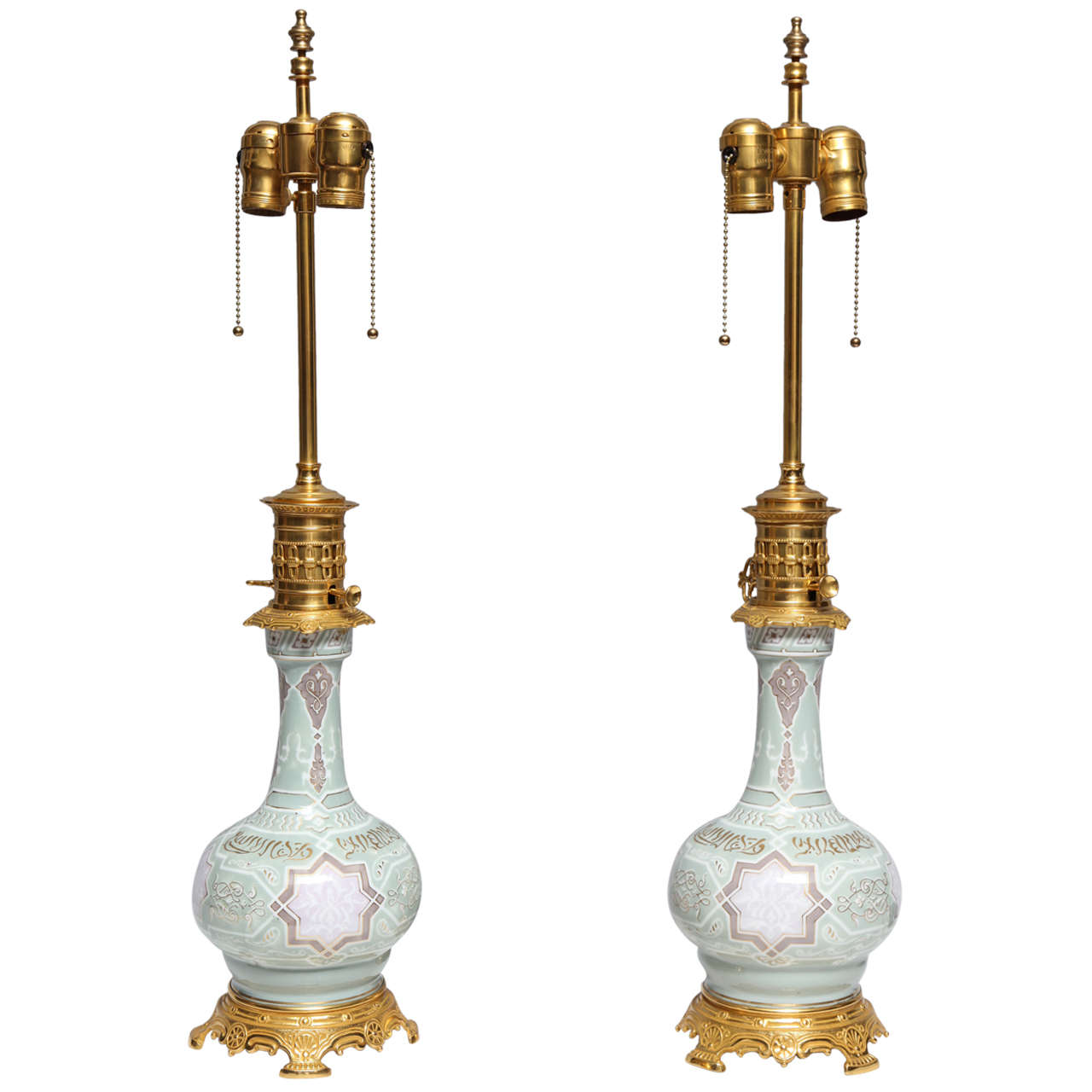 Pair of Mosque Porcelain Lamps with Gilded and Enameled Floral Patterns ...