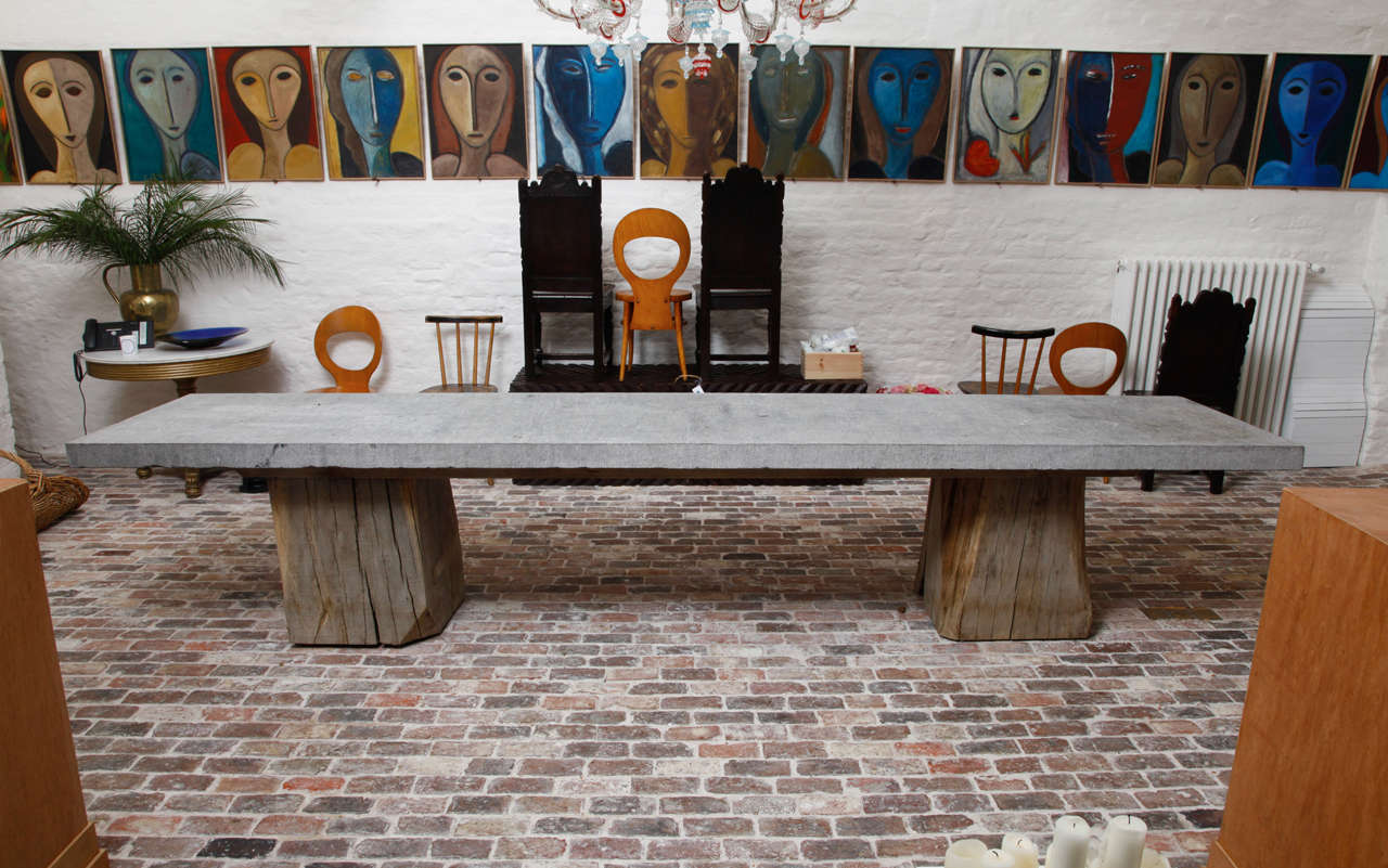 Belgian Blue Stone Table on Tree Trunk Base For Sale at 1stDibs