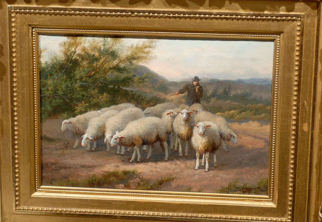 19th Century Pastoral Oil Painting with Shepherd Driving His Flock at ...