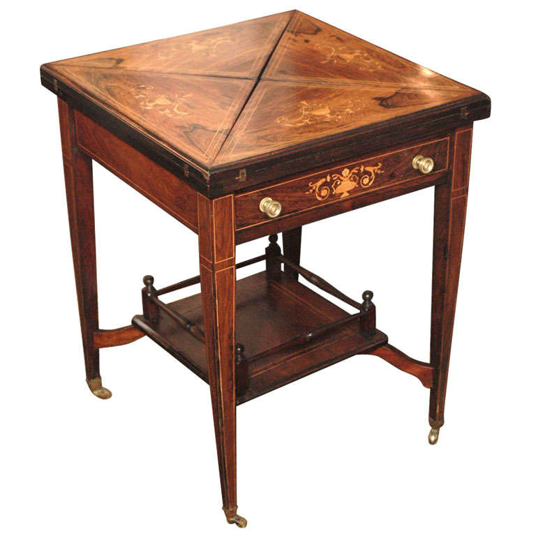 Antique English inlaid rosewood "envelope" game table. at 1stDibs