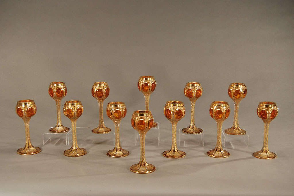 12 Moser 19th C. Crystal Goblets With Amber Cabochons and Gold at 1stDibs