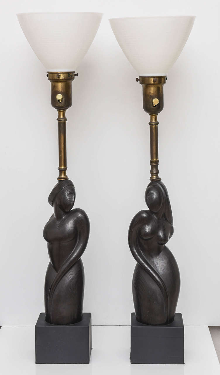 Pair of Art Deco Style Table Lamps with Male and Female Torsos, Mid ...