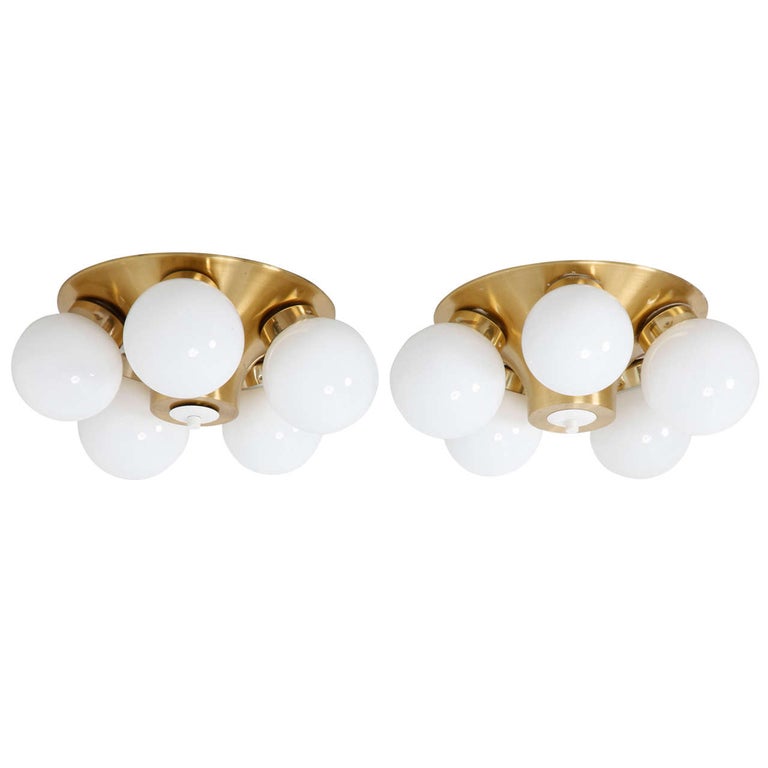 Set Brass Seventies Flush Mounts with Five White Opal Globes,1970s at ...