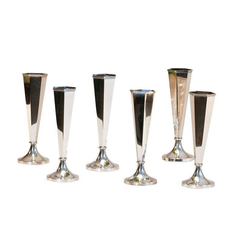 Set of 6 Silverplate Hexagonal Trumpet Vases at 1stDibs
