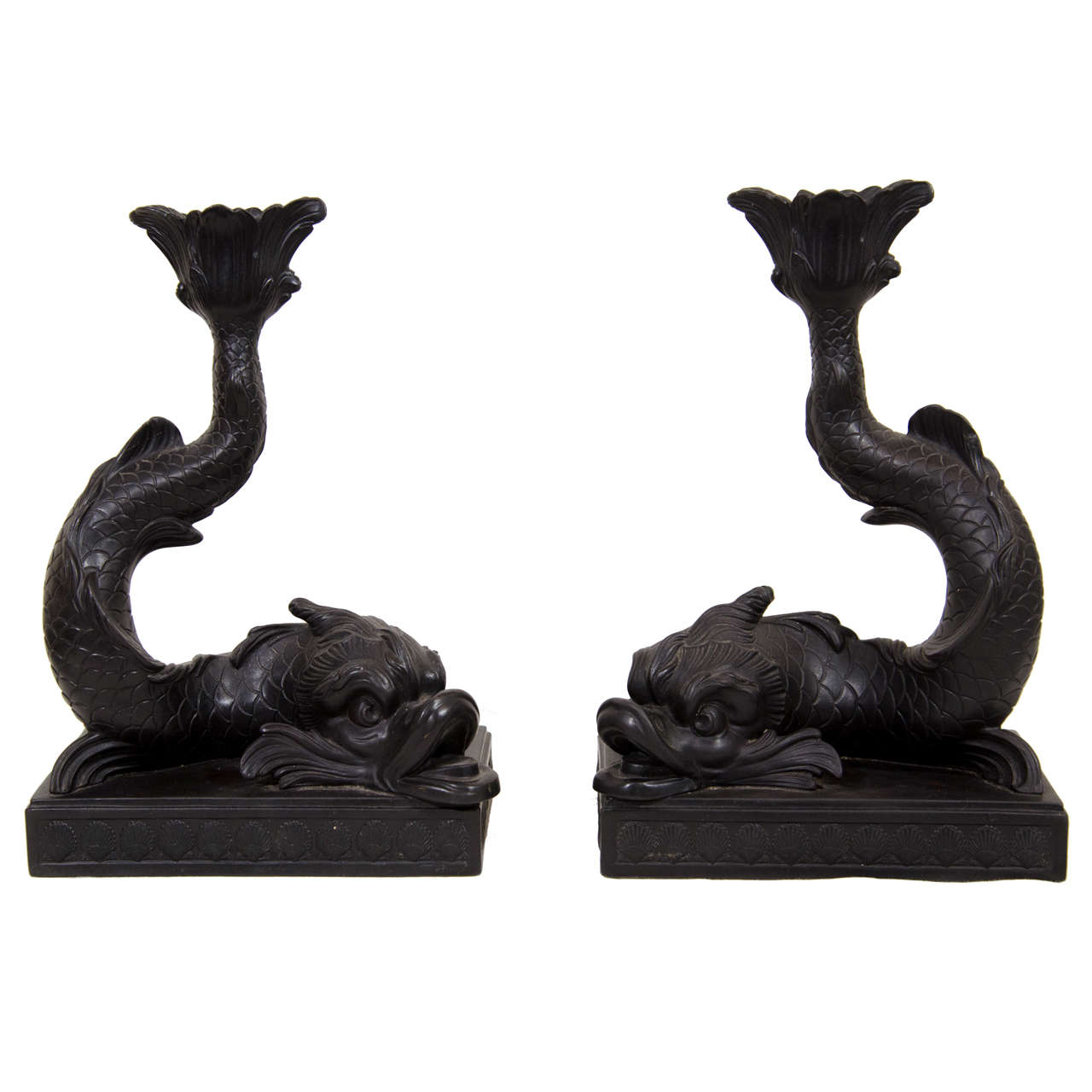 A Pair of Wedgwood Black Basalt Dolphin Candlesticks at 1stDibs ...