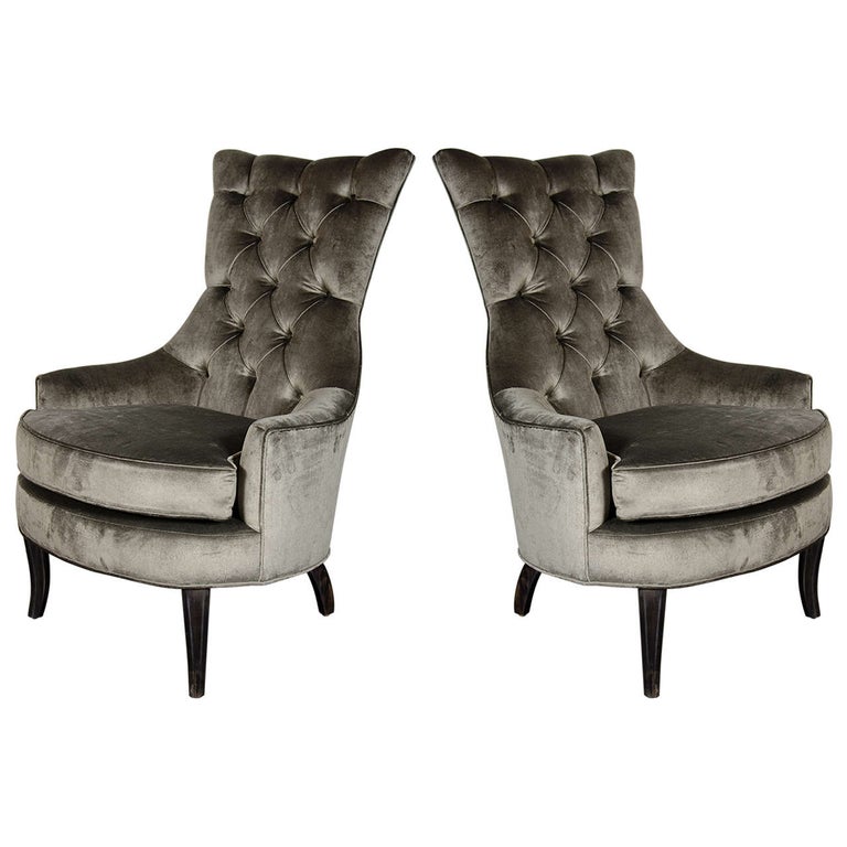 Pair of Mid-Century Modern Tufted High-Back Chairs in Smoked Platinum ...