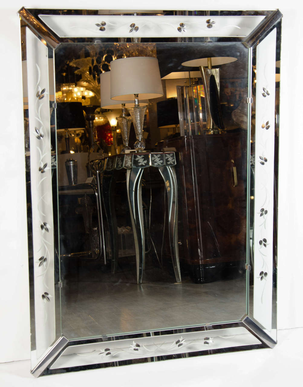 1940s Hollywood Style Shadow Box Mirror with Mirrored Floral Detail at ...