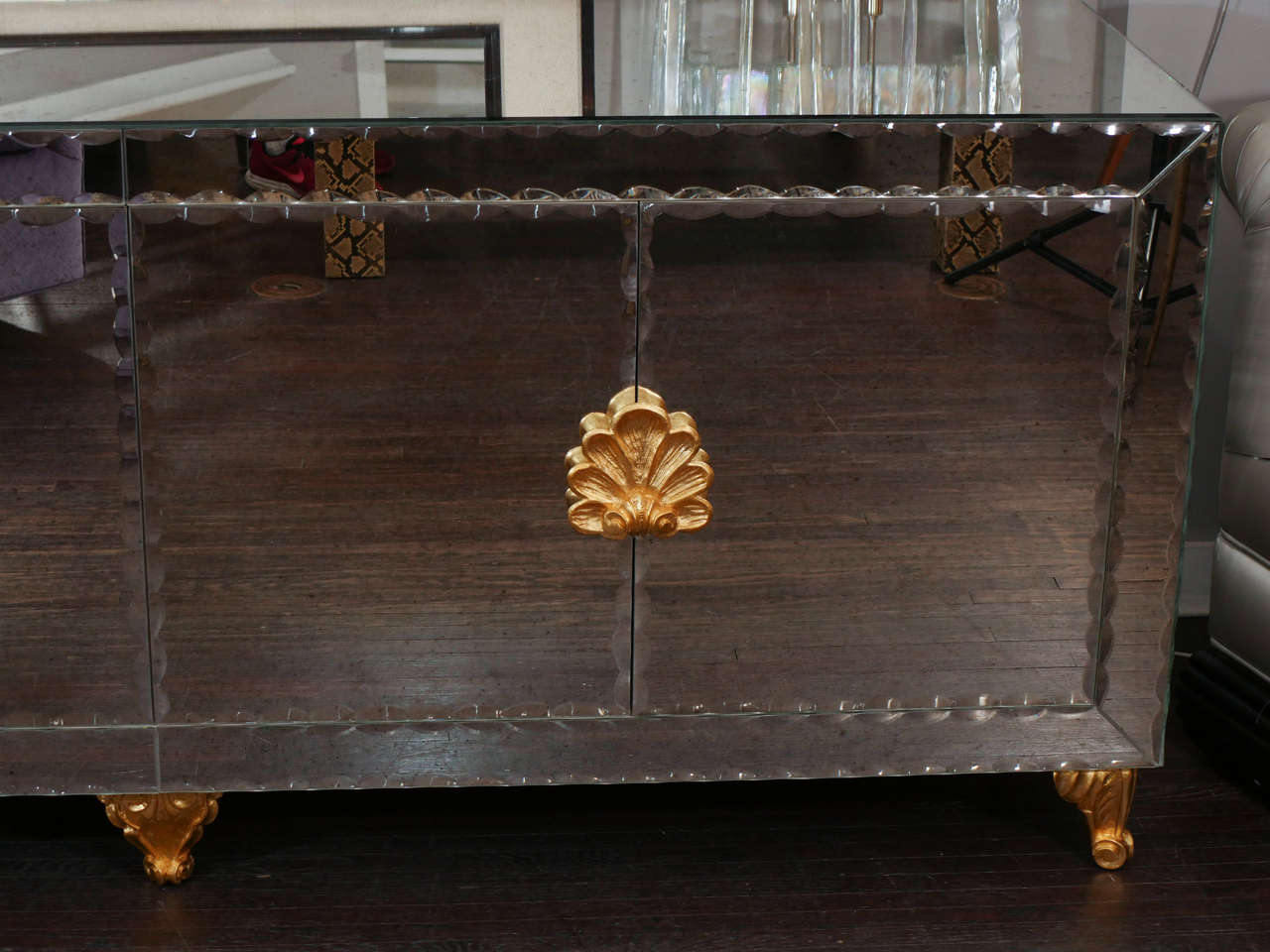 Custom Mirrored Buffet with Pie Crust Edge and Gold Leaf Hardware For ...