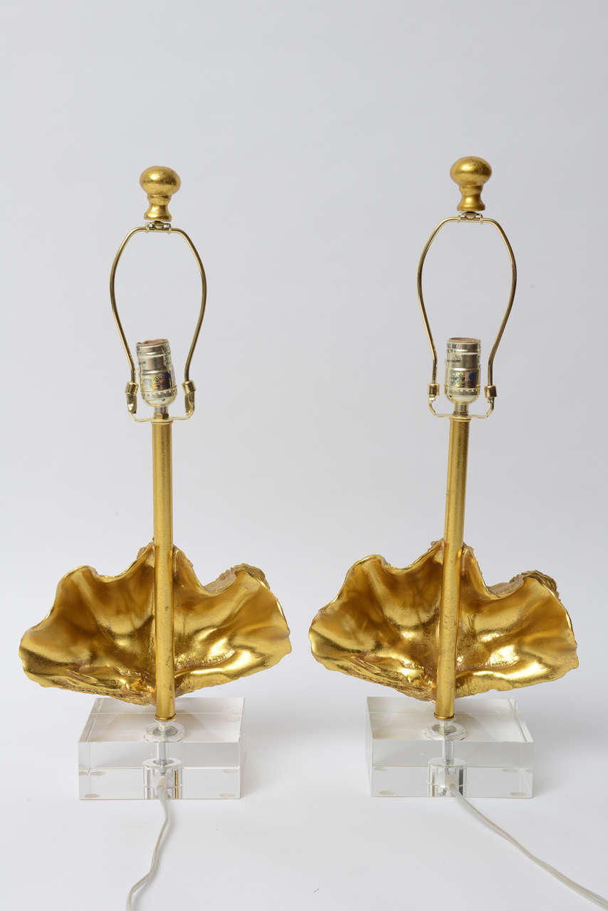 Lucite and Gold Leaf Shell lamps with shades. USA 20th C at 1stDibs