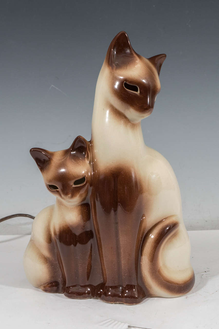 A Midcentury Pair of Ceramic Siamese Cat and Kitten TV Lamps by Howard ...