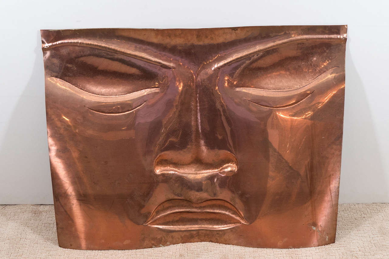 Midcentury Embossed Copper Plate Wall Sculpture with Serene Face at 1stdibs