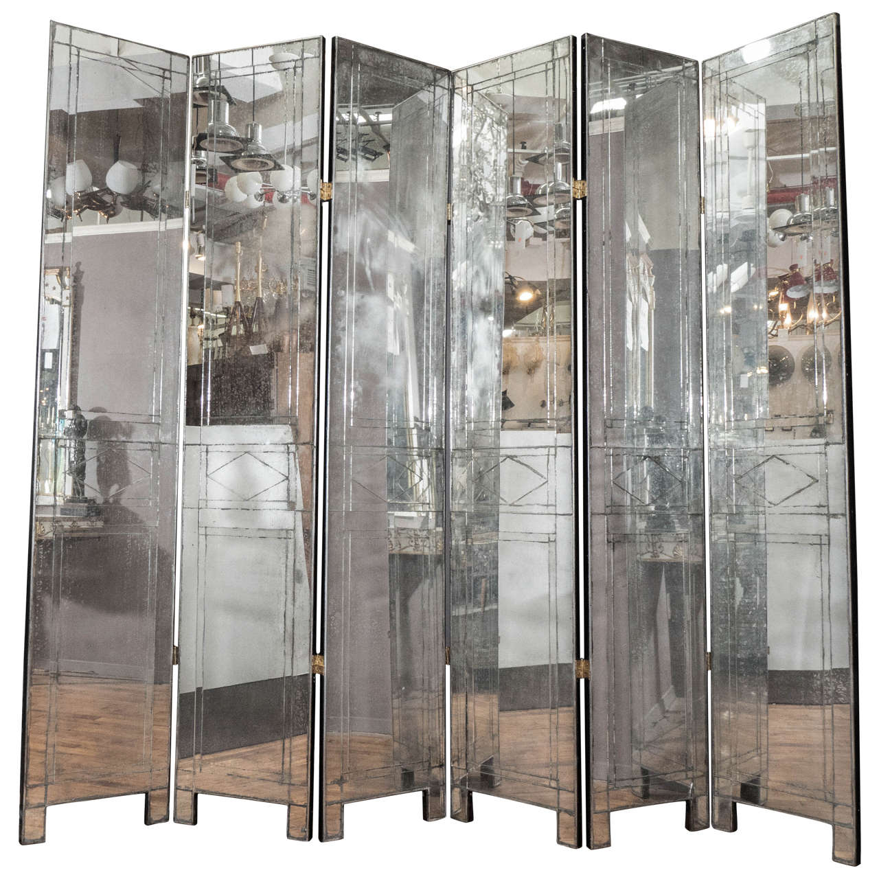 Art Deco Mirrored Six-Panel Screen with Chinese Scene on Reverse at 1stDibs