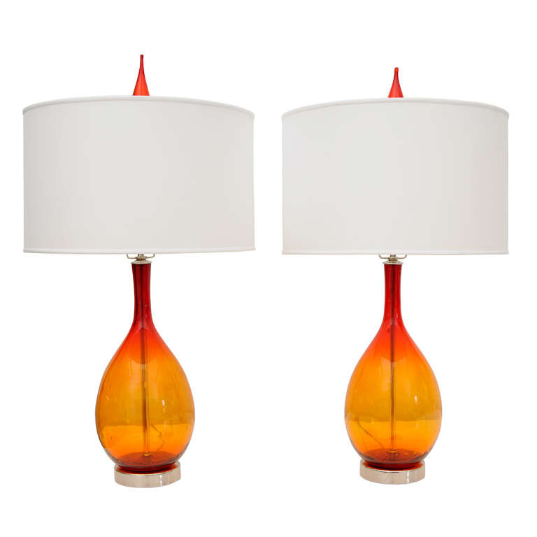 Rare Pair of Blenko Glass Lamps with Original Matching Finials at 1stDibs