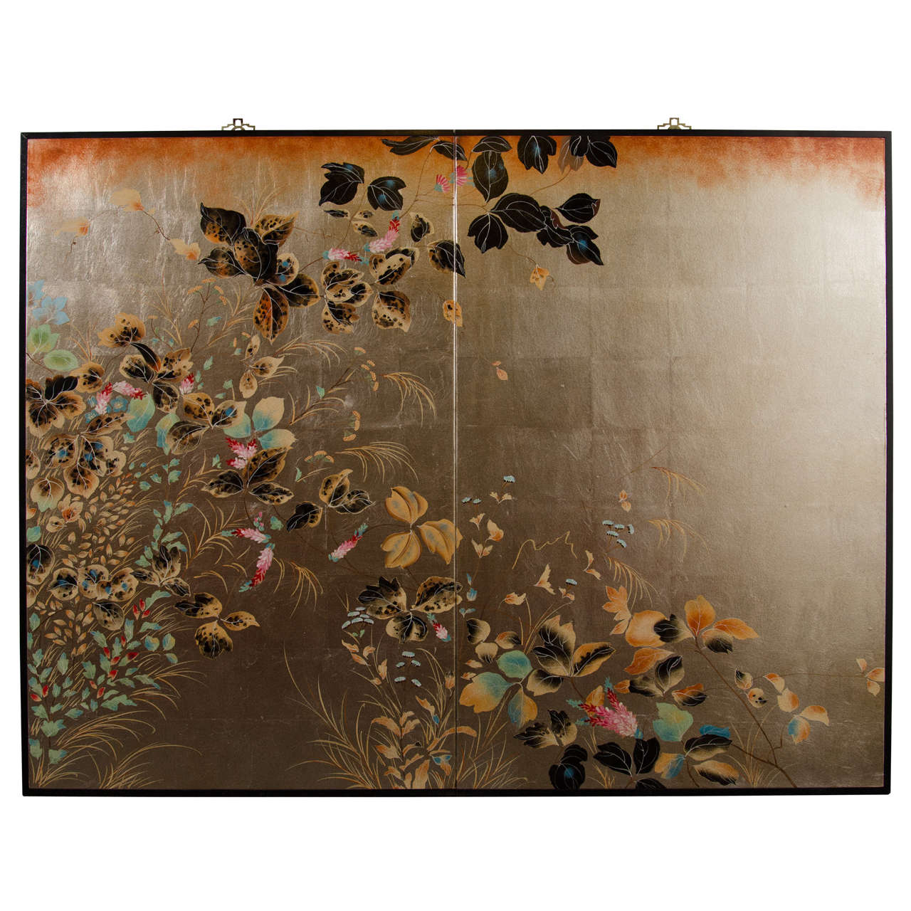 20th Century Japanese Two-Panel Screen with Flowers at 1stDibs