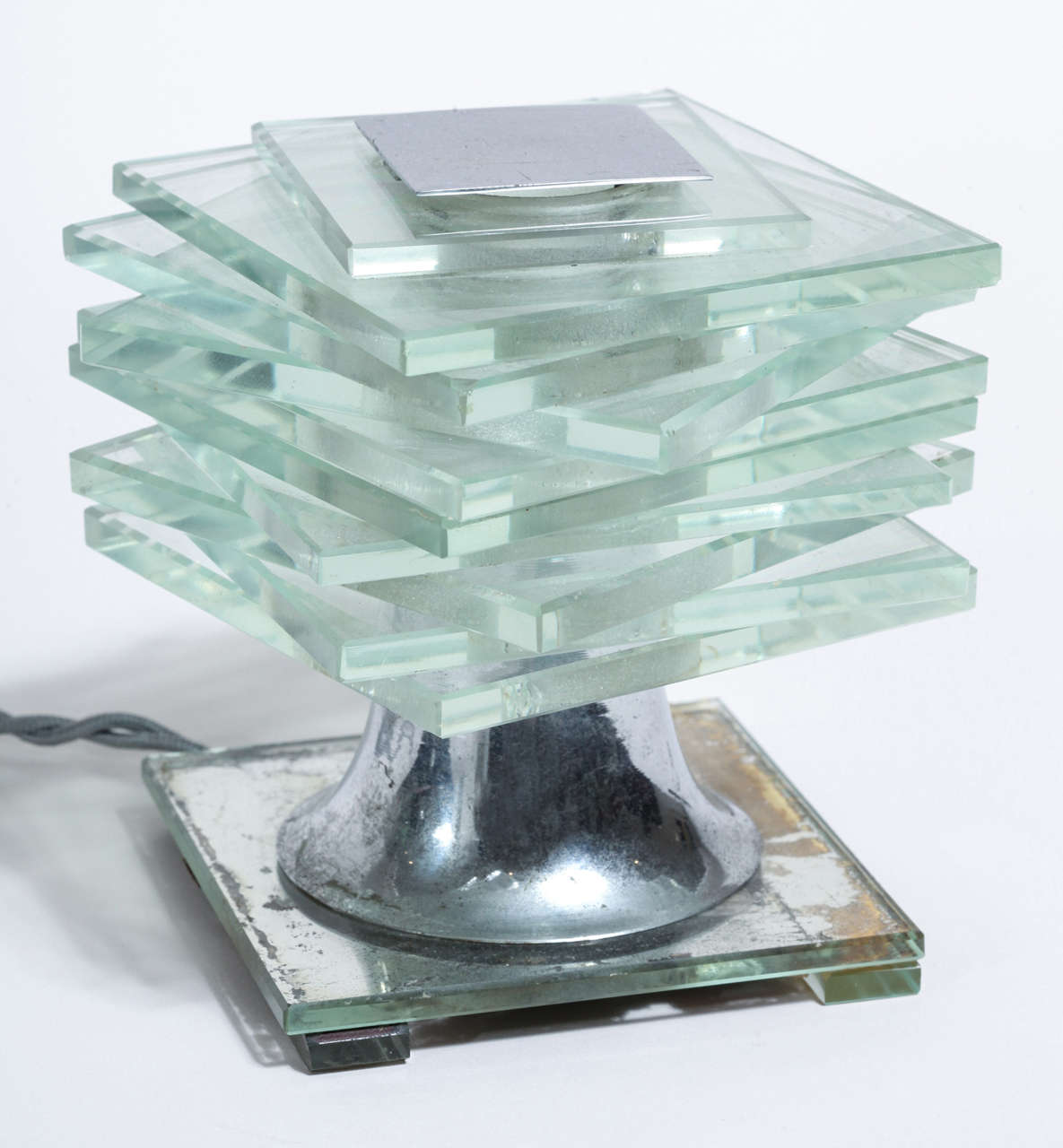 Maison Desny French Art Deco Nickelled Brass and Glass Cubist Lamp For ...