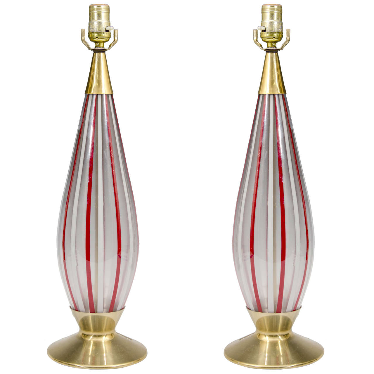 A Midcentury Pair of Red and White Striped Murano Glass Lamps For Sale ...