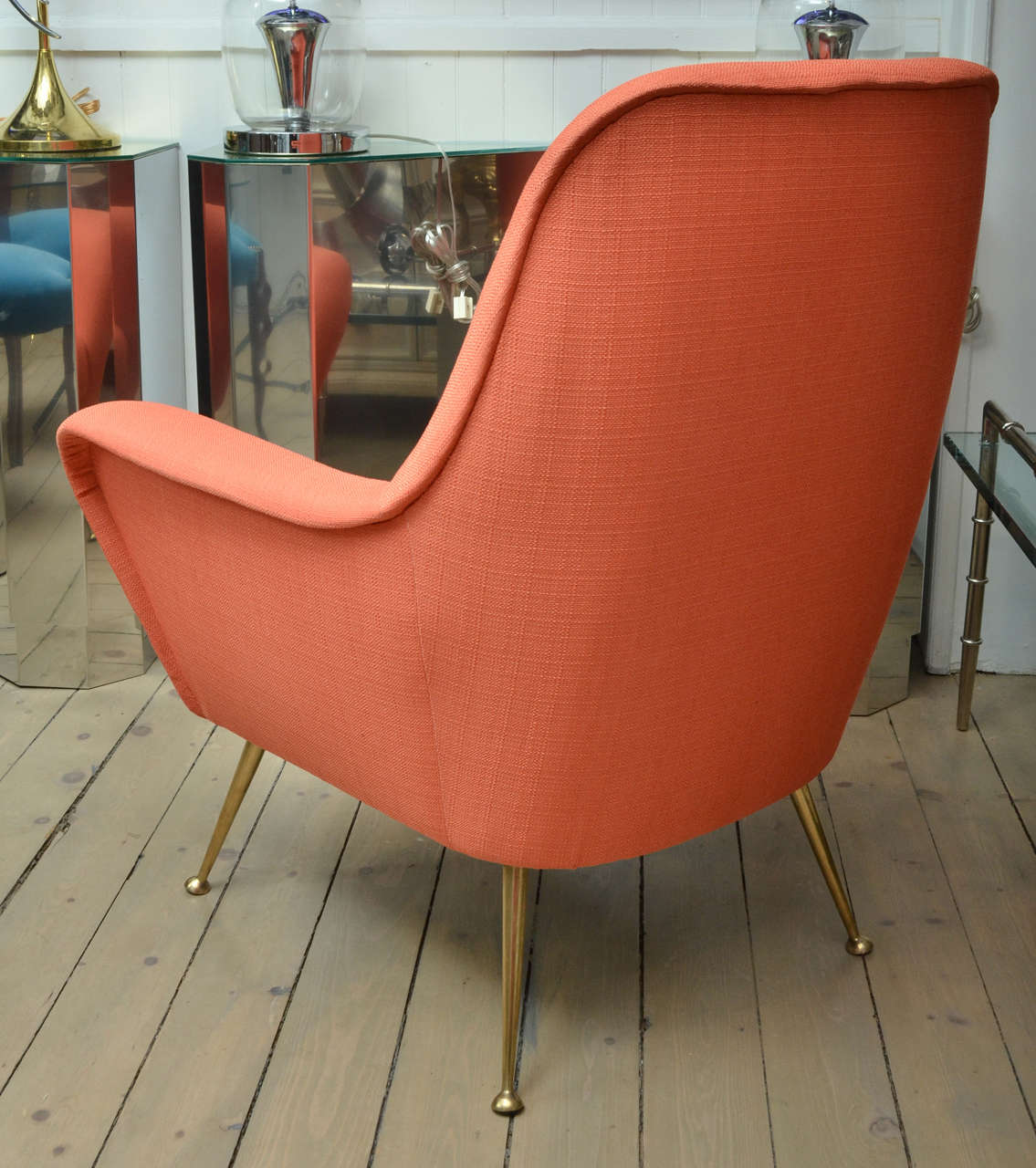 Pair of Iron Base Orange Upholstered Arm Chairs at 1stDibs